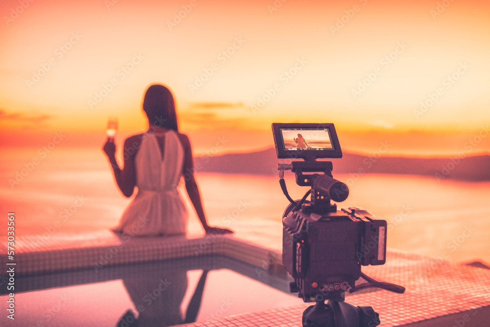 Videography behind the scene video camera shooting movie at sunset ...