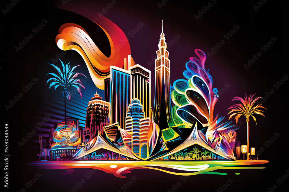 A vibrant illustration of the Las Vegas Strip at night, showcasing the iconic Luxor pyramid and ...