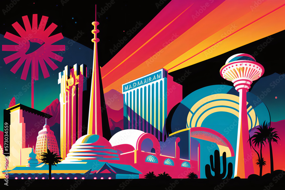 A vibrant illustration of the Las Vegas Strip at night, showcasing the iconic Luxor pyramid and ...