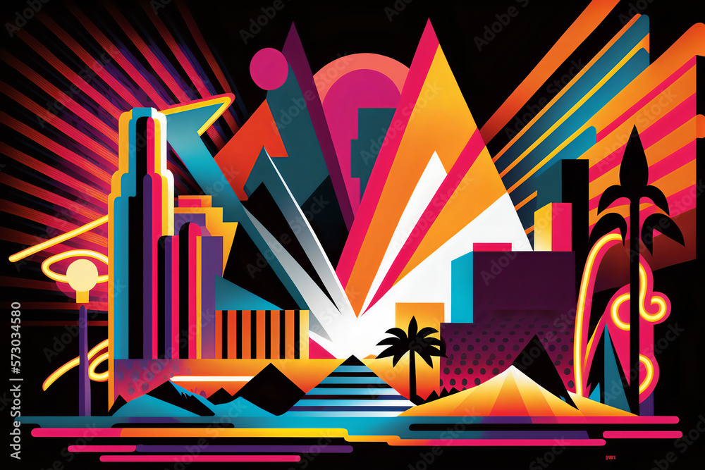 A vibrant illustration of the Las Vegas Strip at night, showcasing the iconic Luxor pyramid and ...