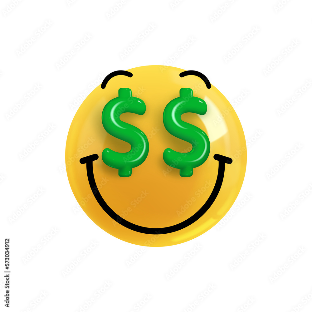 Emoji face happy from money. Realistic 3d Icon. Render of yellow glossy ...