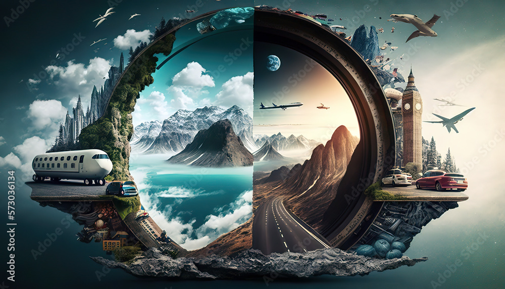 Ilustrace „Travel in different modes of transportation by car, plane ...