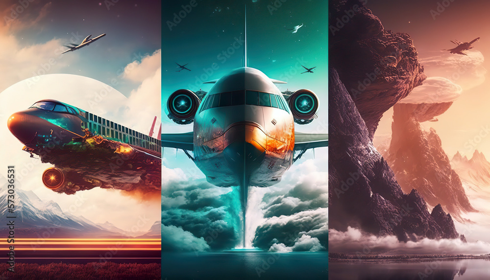 Travel in different modes of transportation by car, plane, spaceship ...