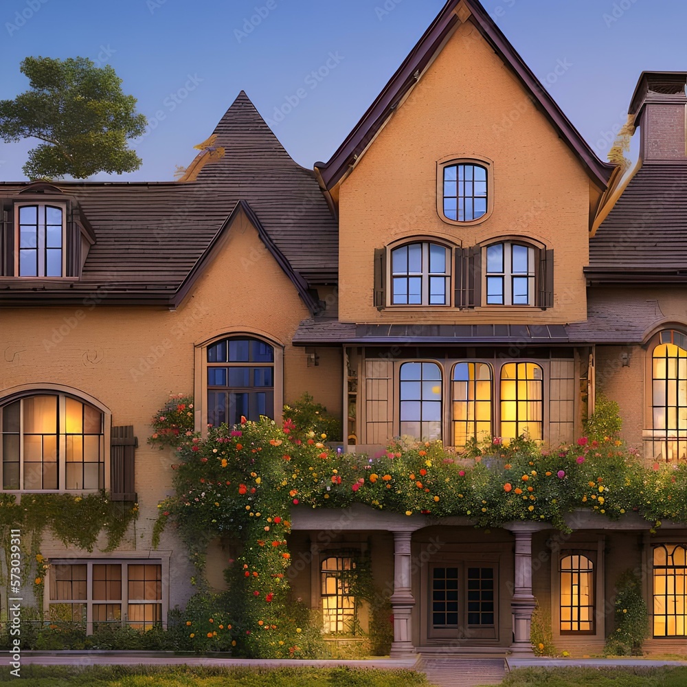 11 A home with a gabled roof and large, arched windows on the front ...
