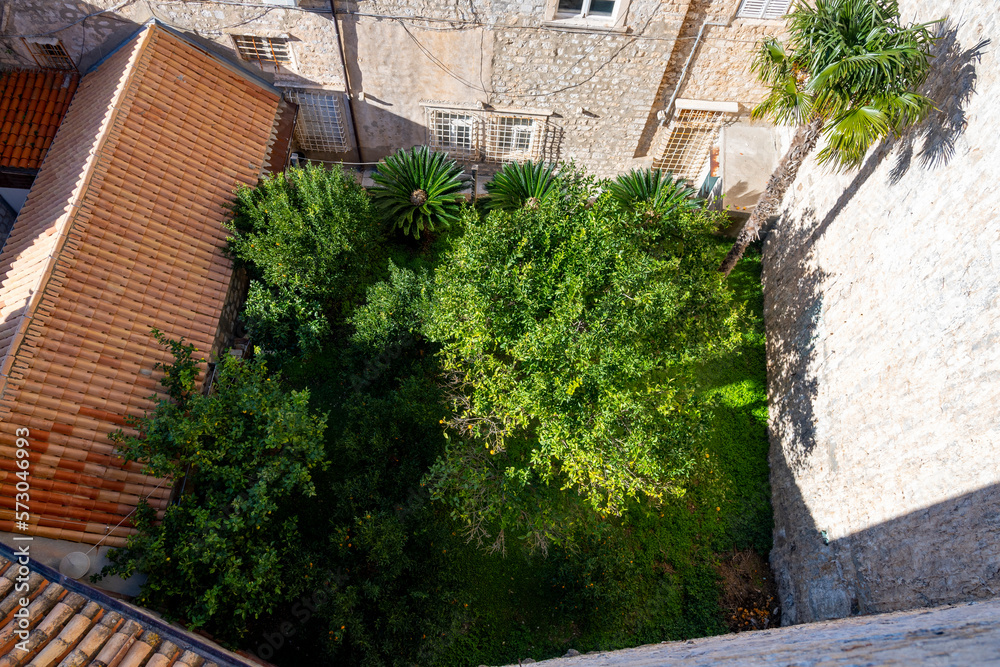 Beautiful, green atrium garden built between old Dubrovnik city walls ...