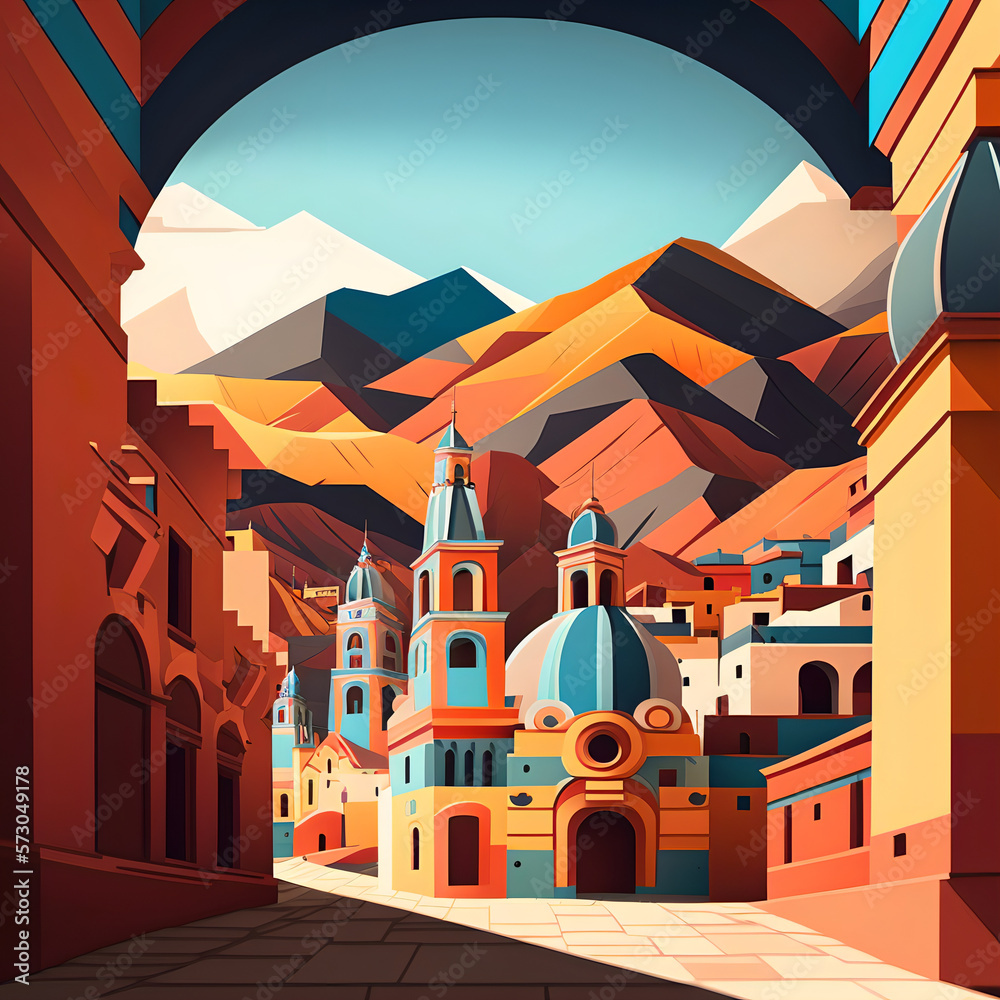 A stunning digital illustration of an Inca city in Peru set against the ...