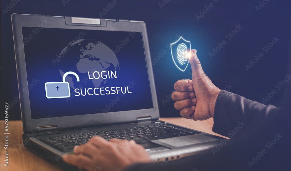 Fingerprint scan with digital safety shield icon on virtual screen ...