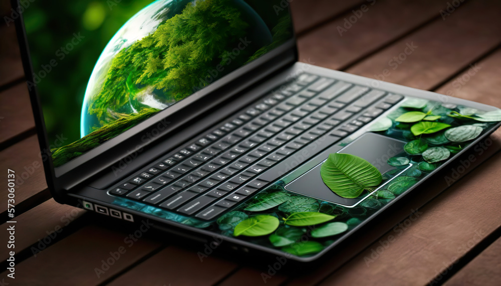 Technology with the concept of nature. Laptop keyboard with green globe ...