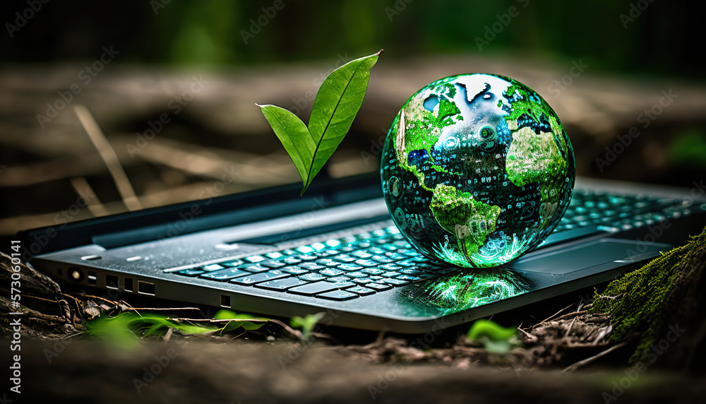 Technology with the concept of nature. Laptop keyboard with green globe ...