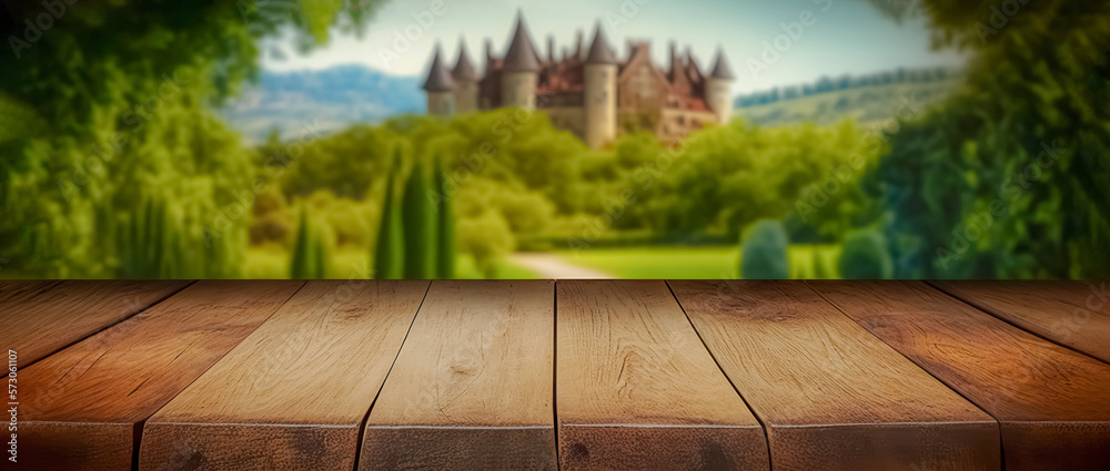 Wooden table top with a medieval castle. for mounting your product ...