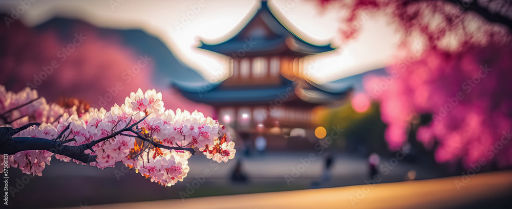 Beautiful Japanese temple cherry blossom trees, sakura season, autumn ...