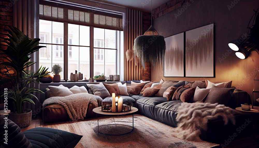 Warm and cozy textures including plush sofa, wool rugs, and textured ...