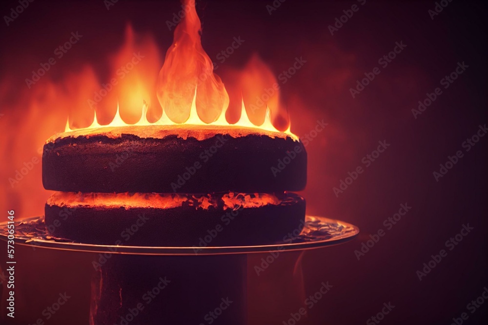 Isolated closeup view of cake on fire burning with smoky orange flames ...