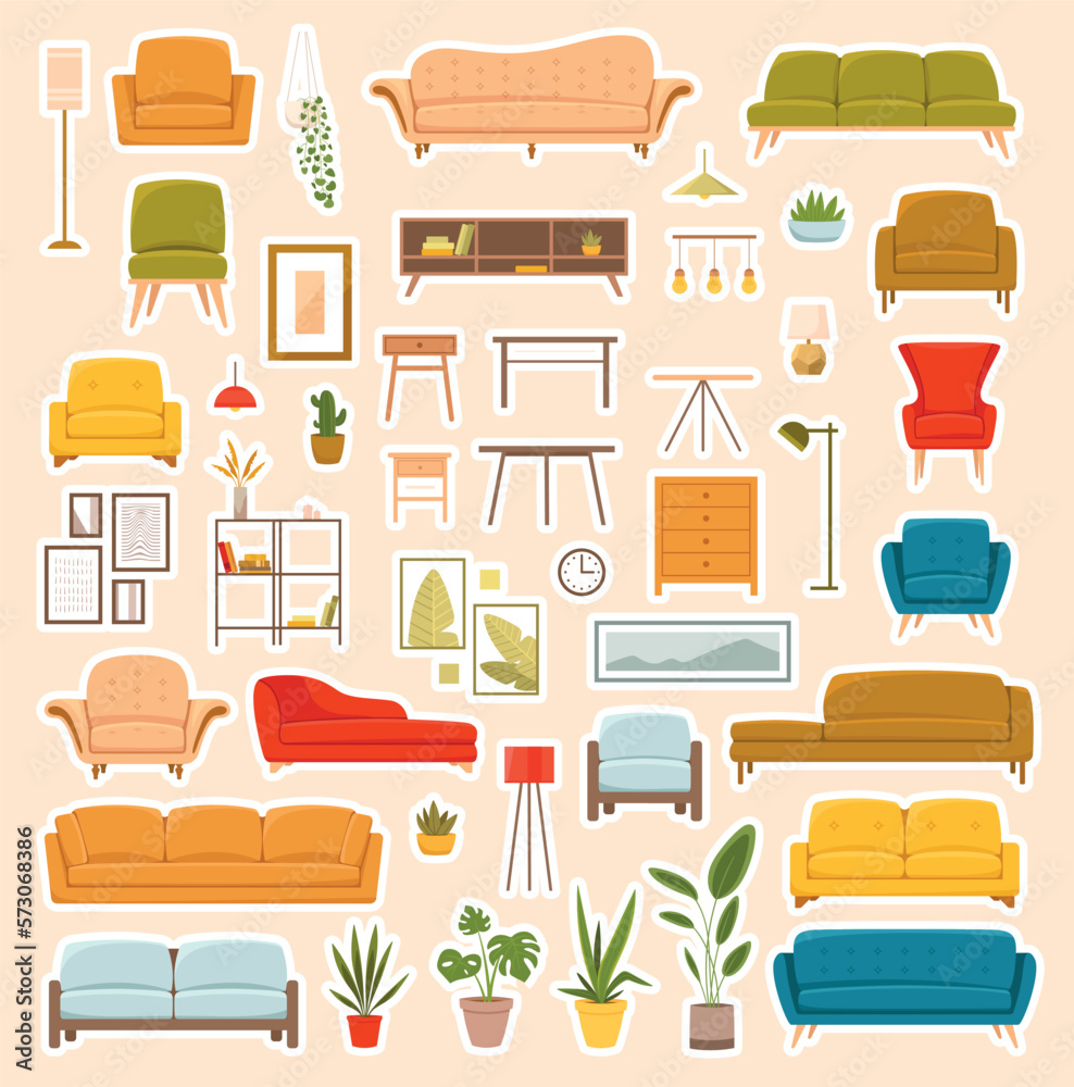 Living room furniture stickers set. Comfort and coziness in apartment ...