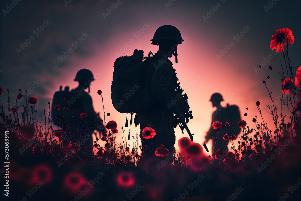 Remembrance Day. Silhouettes of soldiers at poppy field created with ...