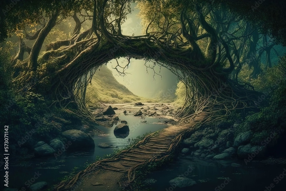 walking trail through a magical woods with exposed tree trunks ...