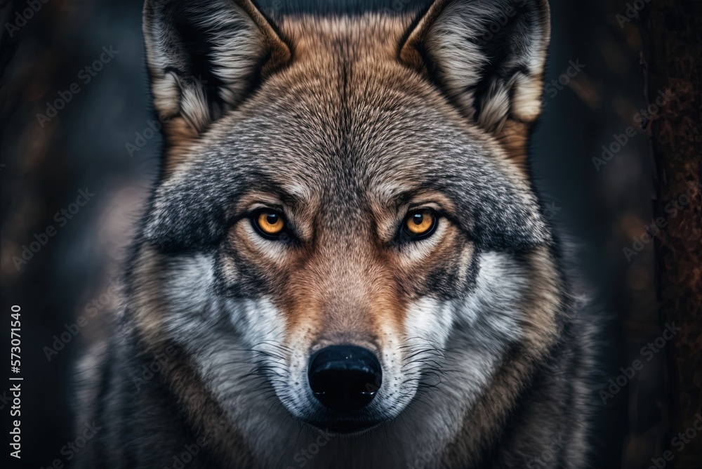 Wolf's face up near and personal, photographed in the dark forest's ...