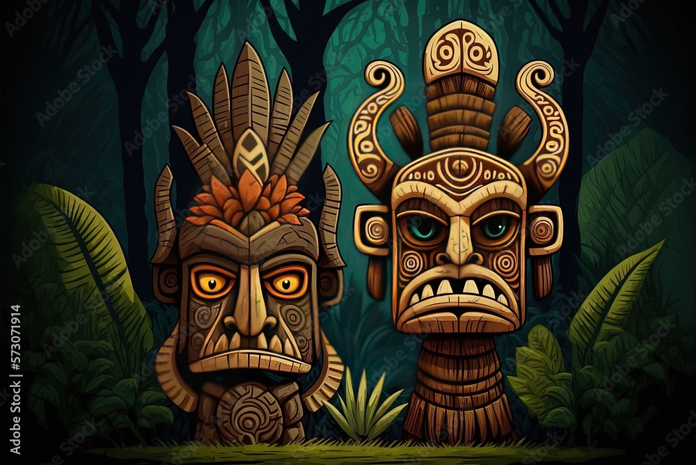 indigenous symbols Indigenous people wearing tiki masks and standing in ...