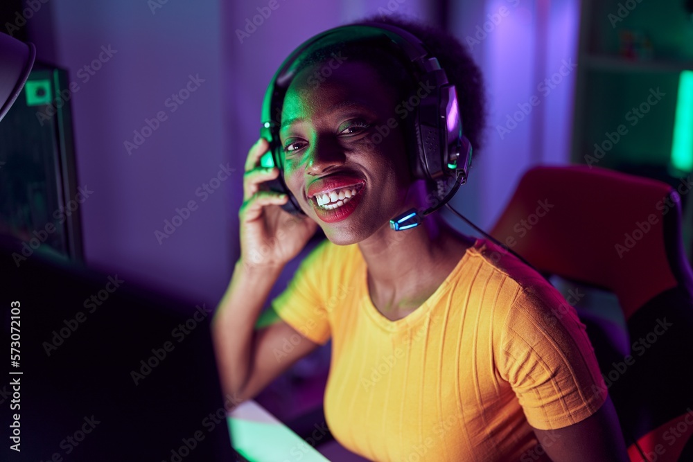 African american woman streamer using computer at gaming room Stock ...