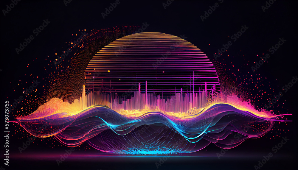 Particle energy wave in motion, transparent synthwave. Magenta neon ...