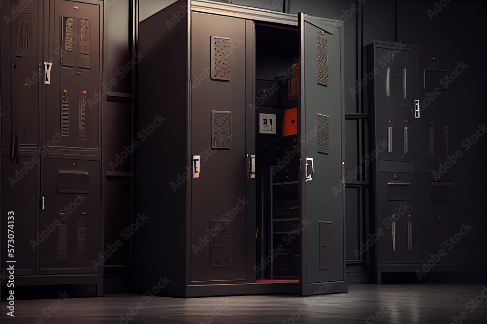 Black lockers in college. Line of black school gym lockers. High ...
