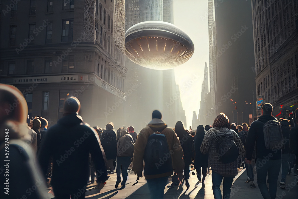 UFO flying over a city and people in panic running away. Alien invasion ...
