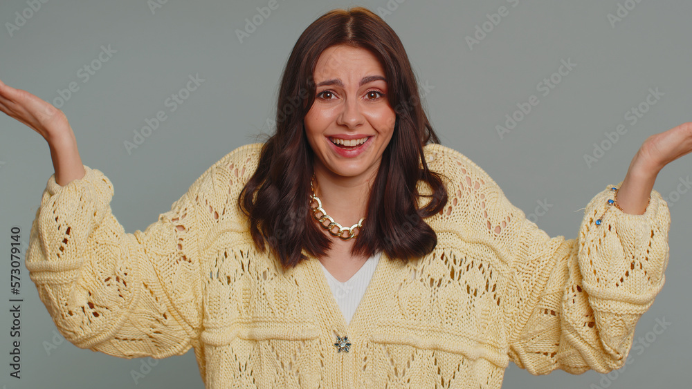 What Why. Sincere irritated woman raising hands in indignant expression ...