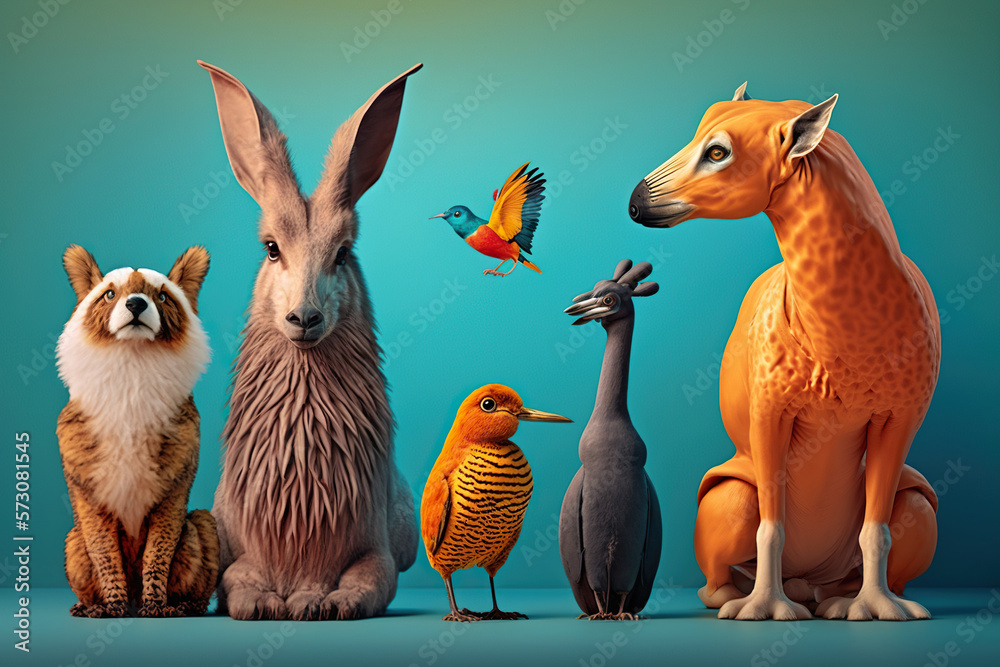 Ilustrace „Studio group portrait of chimera animals on a colored ...