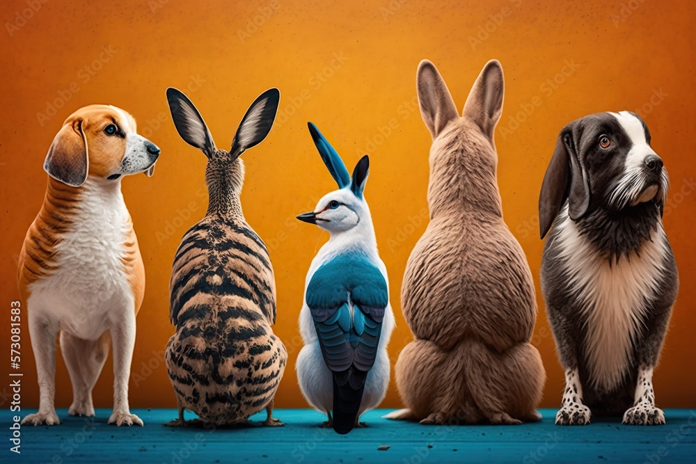 Studio group portrait of chimera animals on a colored background ...