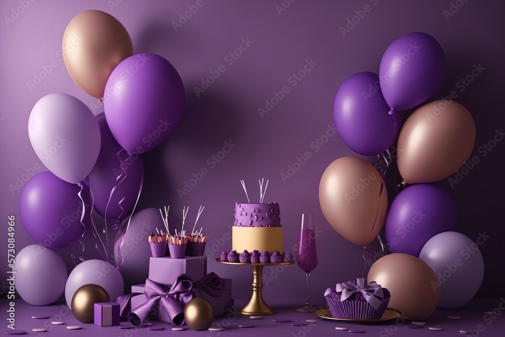 Birthday background with balloons and gifts, theme purple color. Ai ...