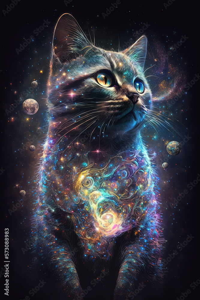 Neon iridescent psychedelic cat made of stars in night sky. AI Stock ...