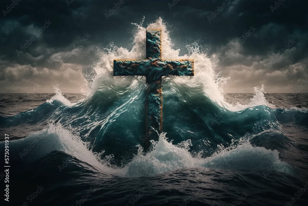 Symbol of faith - waves of the raging sea break on the cross. AI ...