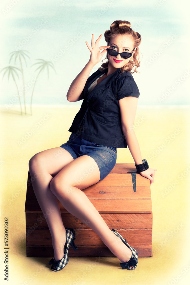 Travelling Pin-Up Girl Sitting On Vintage Luggage Stock Photo | Adobe Stock