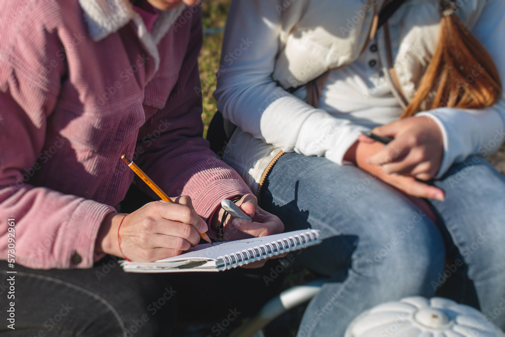 Process of plein air painting, group of young school students in the ...