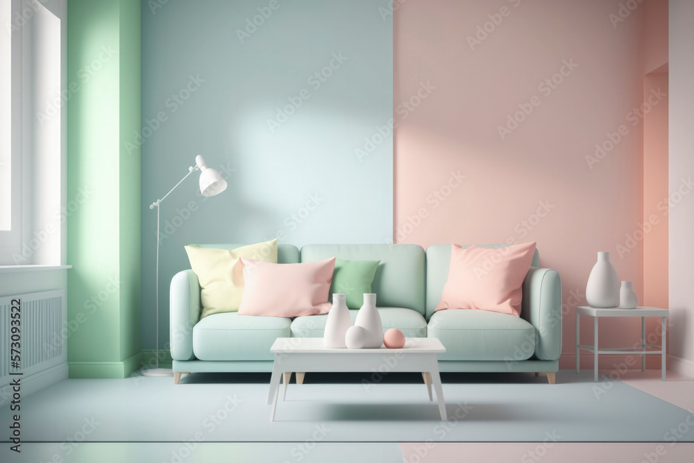 picture of the living room interior in bright pastel colors in a clean ...