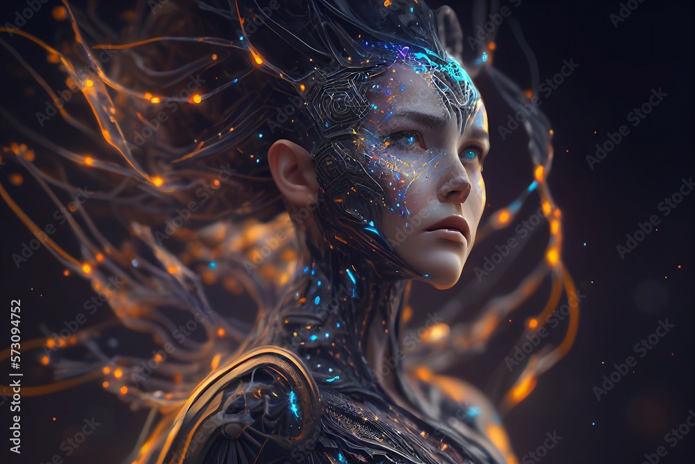 Artificial intelligence, a humanoid cyborg with a neural network thinks ...