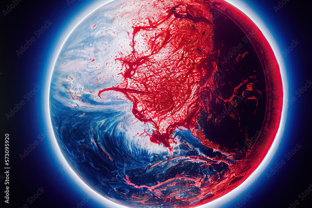 The wounded and sick planet Earth with blood dripping in the aftermath ...