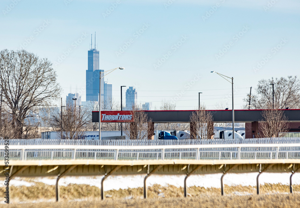 Thorntons gas station and downtown Chicago skyscrapers taken from ...