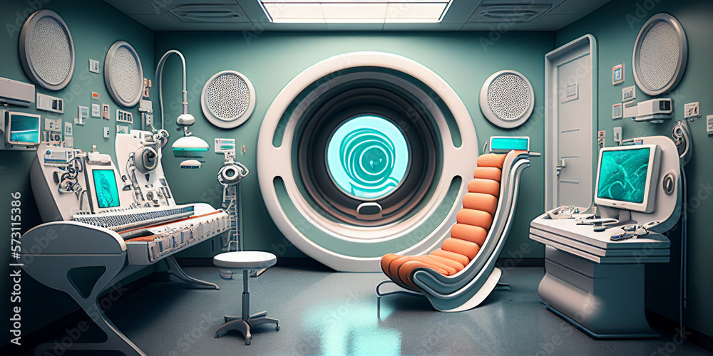 Futuristic medical exam room, green walls, round machine created by ...