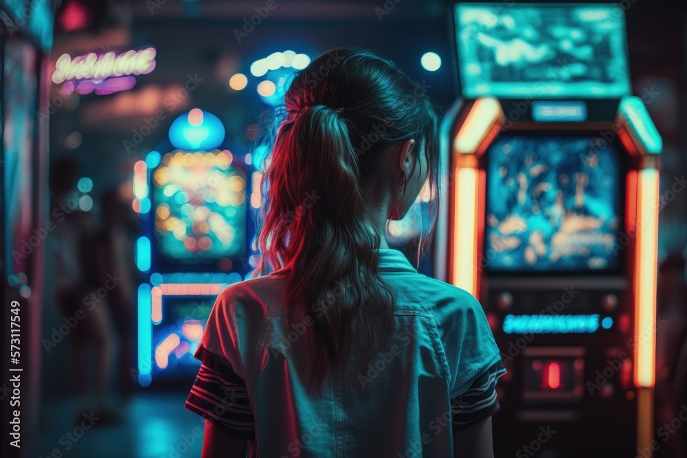 Girl playing arcade machine with neon lights, Back view of girl playing ...
