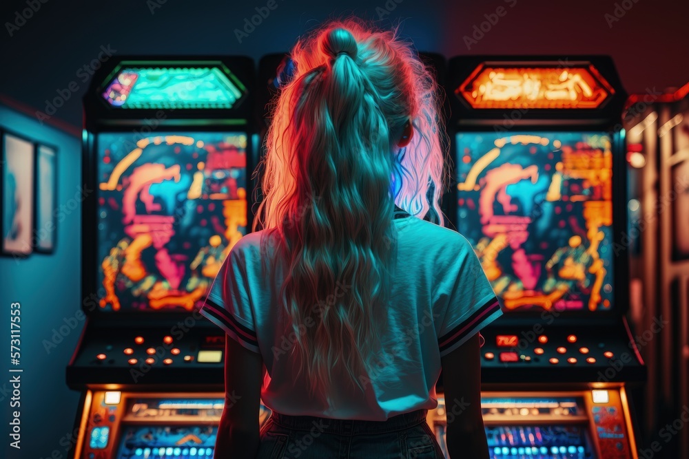 Girl playing arcade machine with neon lights, Back view of girl playing ...