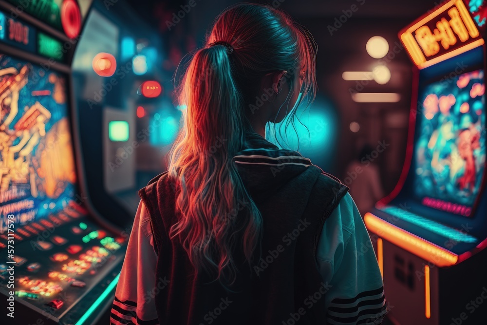 Girl playing arcade machine with neon lights, Back view of girl playing ...