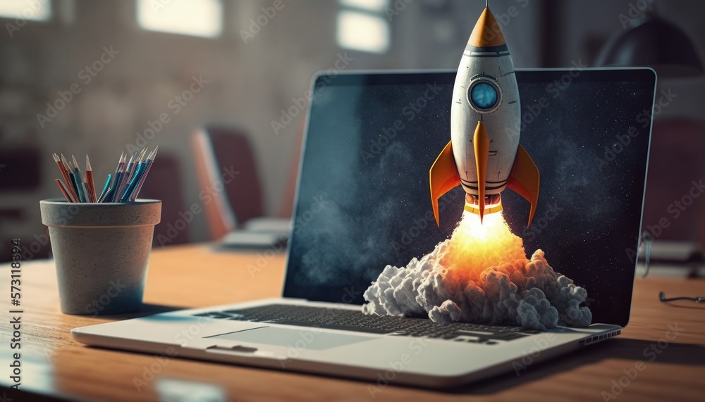 Rocket taking off from laptop screen on top of office desk, successful ...