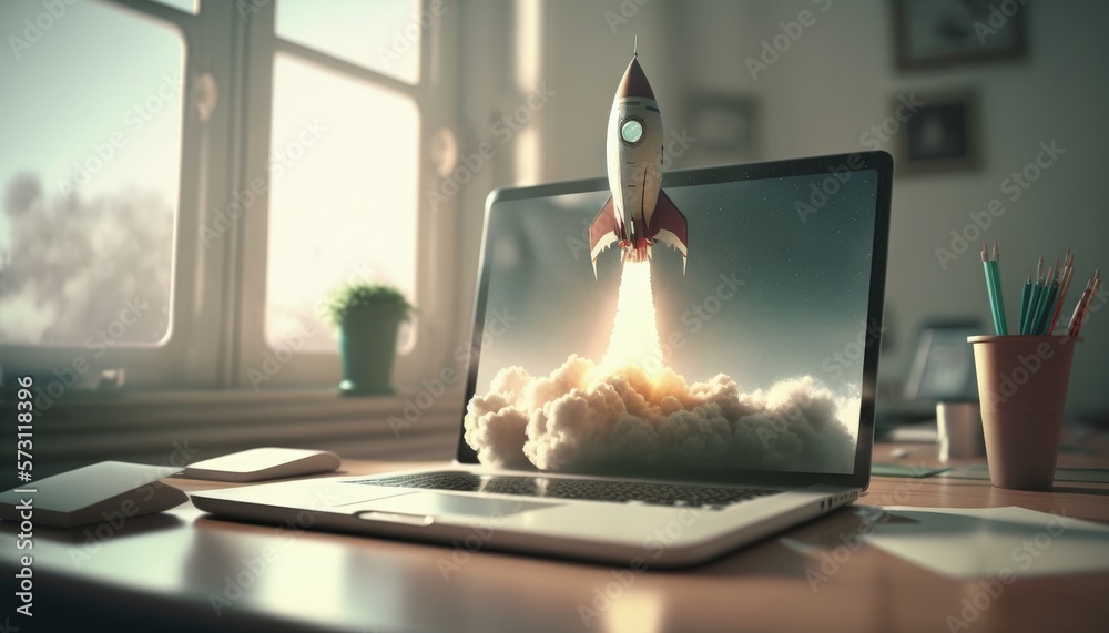 Rocket taking off from laptop screen on top of office desk, successful ...