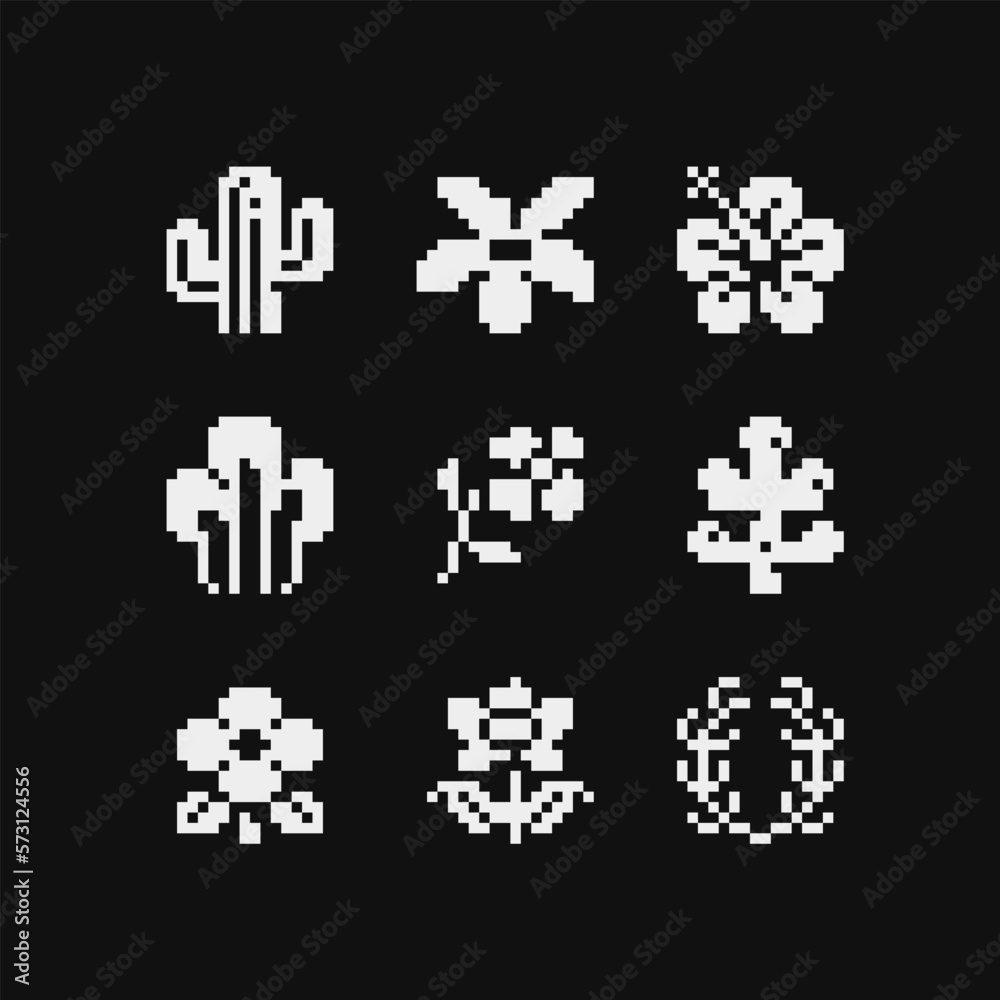 1-bit flowers emoji, bouquet of rose, tulip, cactus pixel art icons set ...