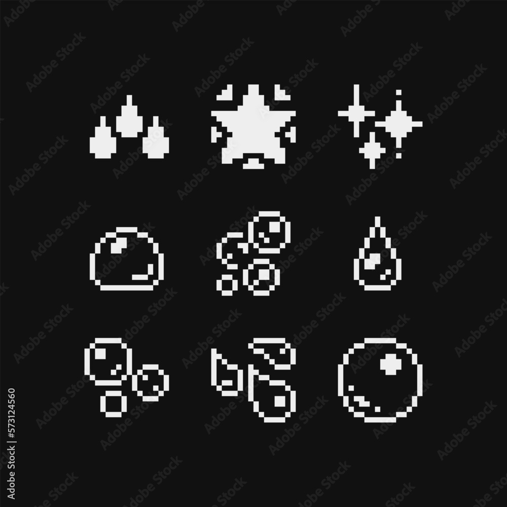 Water drops emoji pixel art style icons set, glitter and shine. Soap ...