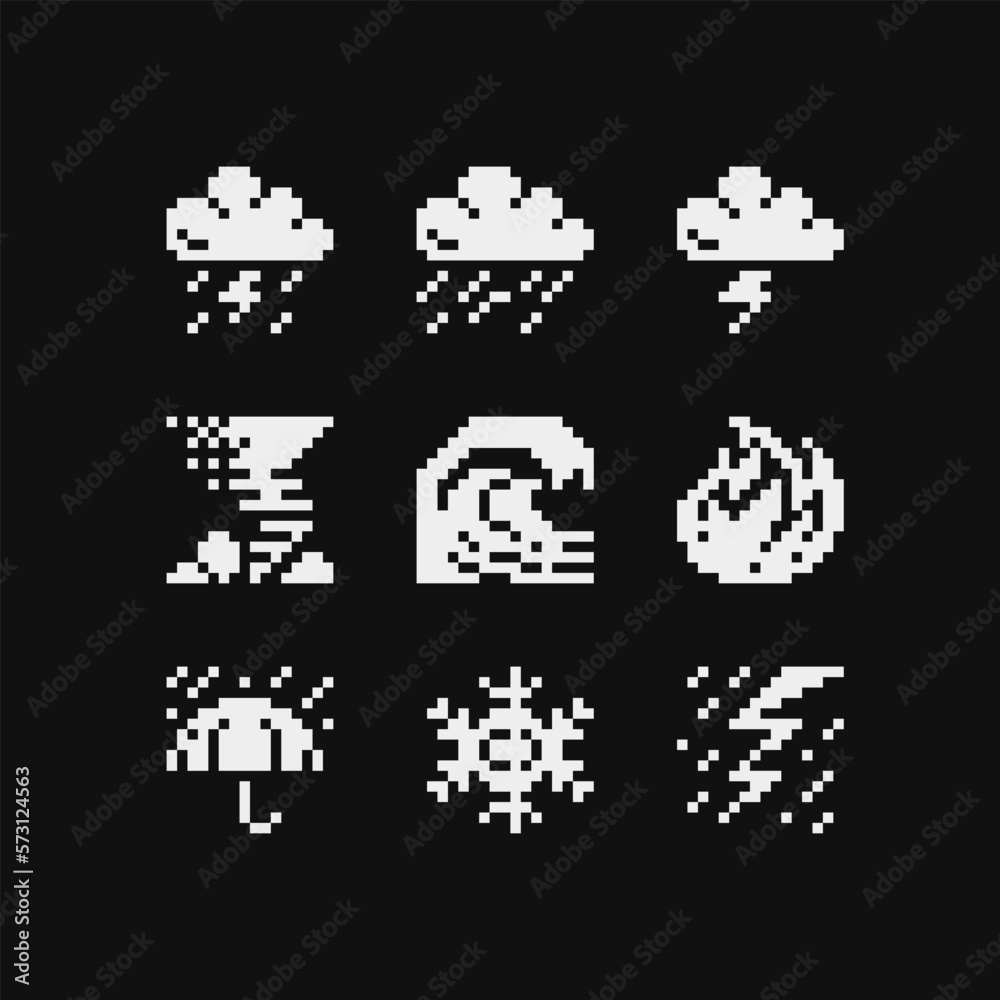 Weather element symbols web icons pixel art set. Contains such icon as ...