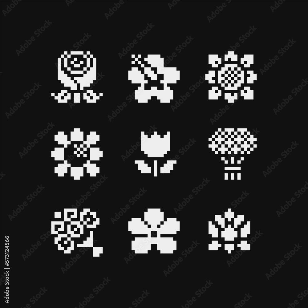 1-bit flowers emoji, bouquet of rose, tulip, sunflower pixel art icons ...