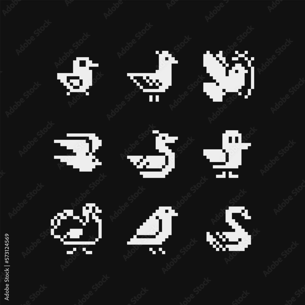 Bird character pixel art icons set, mosaic design, sparrow, dove ...