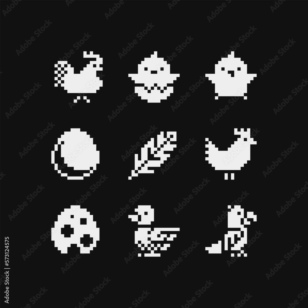 Pixel art set of farm animals characters. Egg, chick, duck, chicken and ...